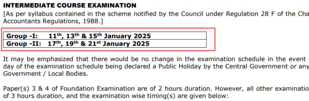 CA Intermediate Exam Date Jan 2025 (Out) Notification & Fees