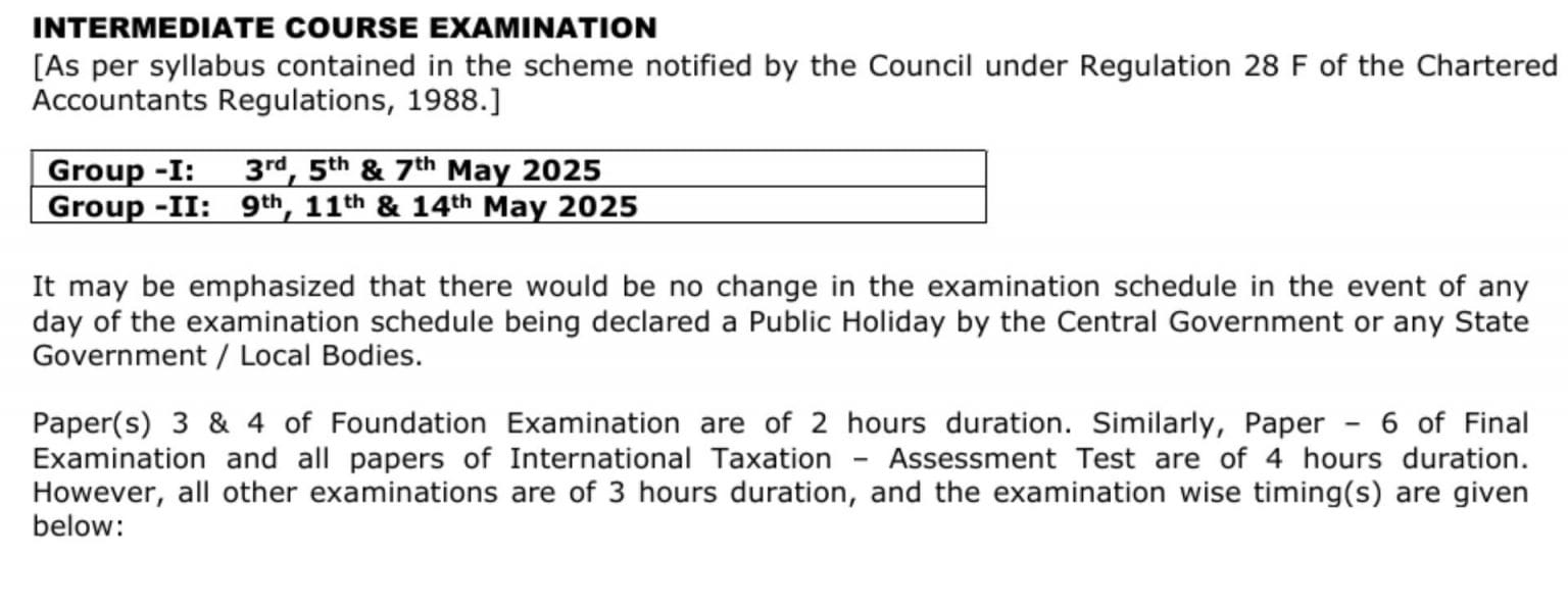 CA Intermediate Exam Date May 2025 (Out) Notification & Fees