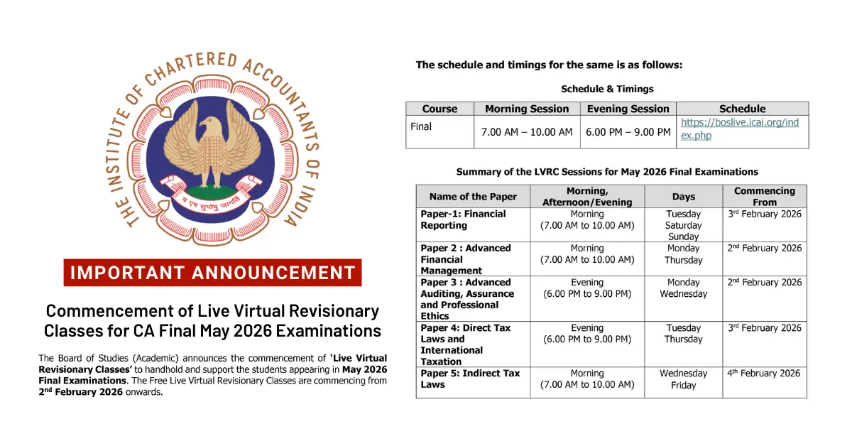 ICAI Live Virtual Revision Classes for CA Final May 2026